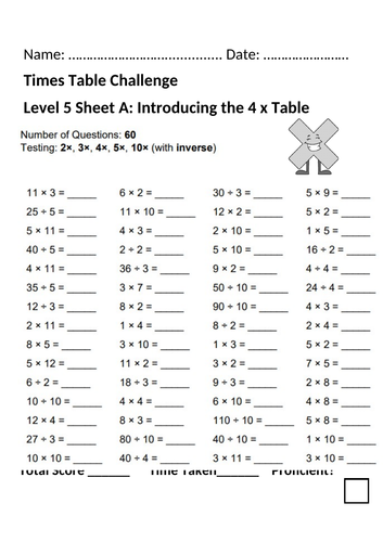 Maths Times Table Testing Up to 12 x 12 including inverse (division and ...