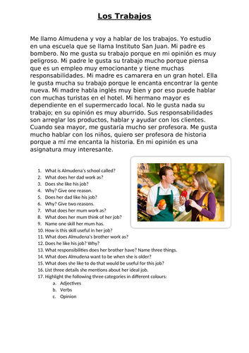 Los Trabajos - Reading Comprehension | Teaching Resources