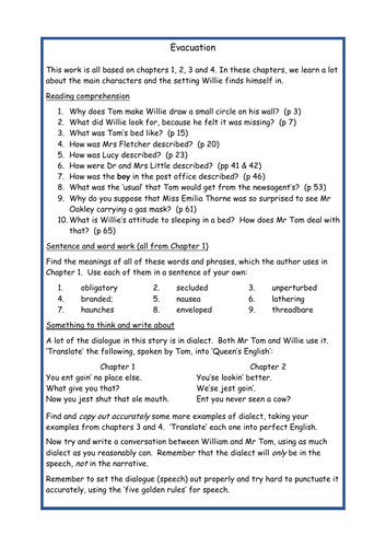 Goodnight Mister Tom - five worksheets suitable for Year 6 covering ...
