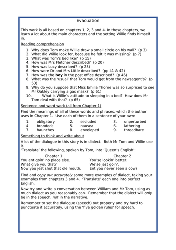 Goodnight Mister Tom - five worksheets suitable for Year 6 covering ...