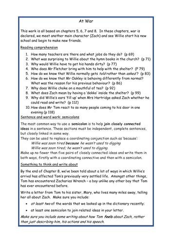 Goodnight Mister Tom - five worksheets suitable for Year 6 covering ...
