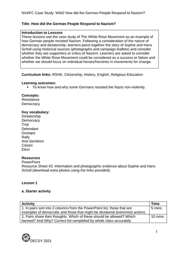 NVAFC Case Study: WW2 White Rose Movement | Teaching Resources