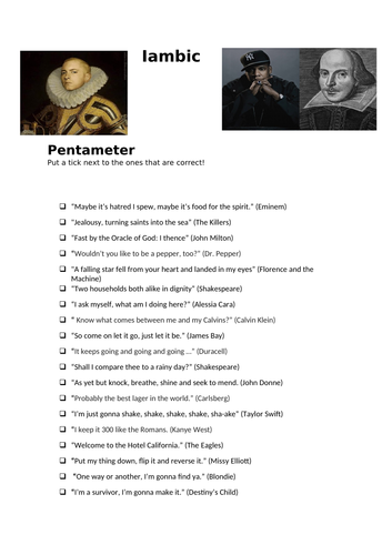 Iambic Pentameter worksheet song lyrics quotes Shakespeare homework KS3 ...
