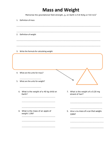 KS4 GCSE Physics: weight mass Formula Worksheet with questions and ...