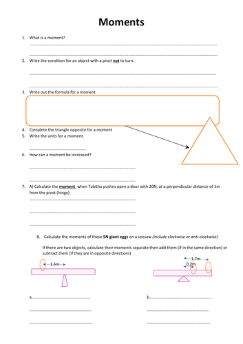 KS4 GCSE Physics: Moments Formula Worksheet with questions and answers ...