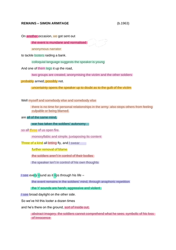 GCSE Grade 9 Remains Poetry Analysis | Teaching Resources