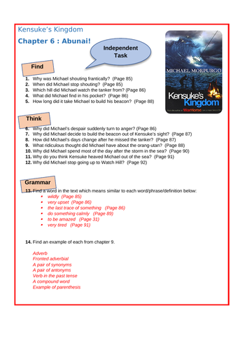 Kensuke's Kingdom Chapter 6 Reading Tasks | Teaching Resources