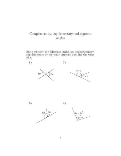 Complementary, supplementary and opposite angles worksheet (with ...