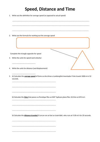 KS4 GCSE Physics: Speed distance time and Velocity Formula Worksheet ...