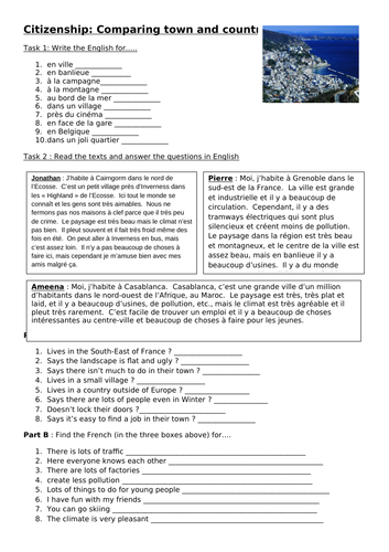 French Town vs Country Worksheet | Teaching Resources