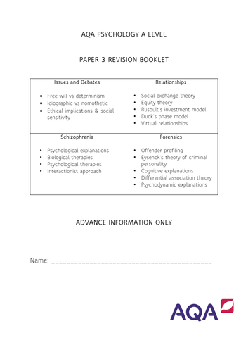 AQA PSYCHOLOGY ADVANCE INFO REVISION BOOKLET PAPER 3 | Teaching Resources