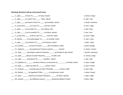 Go verbs questions matching practice | Teaching Resources