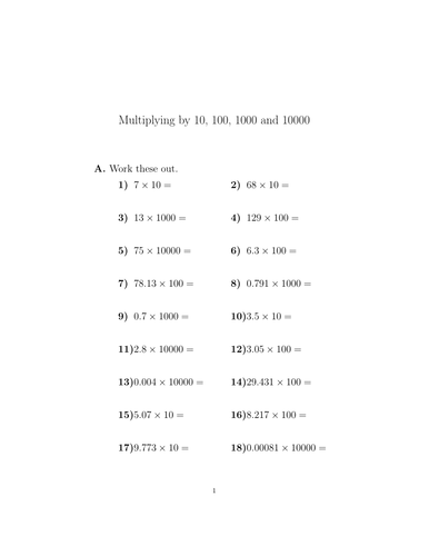 Multiplying by 10, 100, 1000 and 10000 worksheet no 2 (with solutions ...