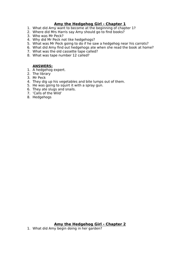 'Amy the Amazing Hedgehog Girl' Questions and Answers | Teaching Resources
