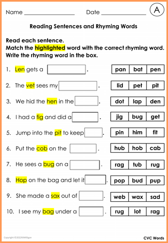CVC Read Write Sentences Missing Rhyme Words Worksheets Blend to Read 2 ...