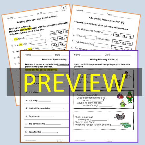 CVC Read Write Sentences Missing Rhyme Words Worksheets Blend to Read 2 ...
