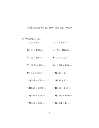 Multiplying by 10, 100, 1000 and 10000 worksheet no 3 (with solutions ...