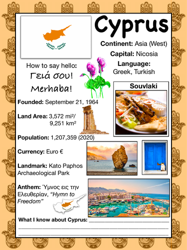 CYPRUS History & Geography, Travel The World Worksheet | Teaching Resources