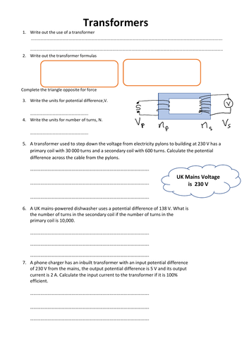 KS4 GCSE Physics: Transformer Formulas Worksheet with questions and ...