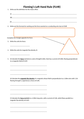 KS4 GCSE Physics: Flemings Left Hand Rule Formula Worksheet with ...