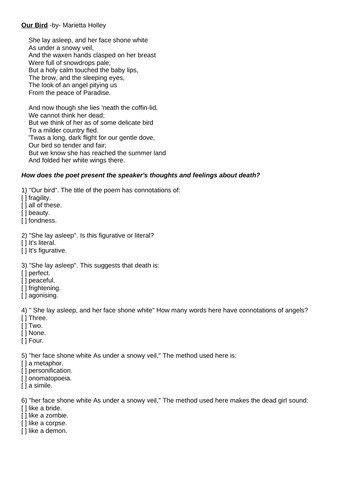 GCSE KS4 KS3 Unseen Poetry "Our Bird" Marietta Holley Homework Cover ...