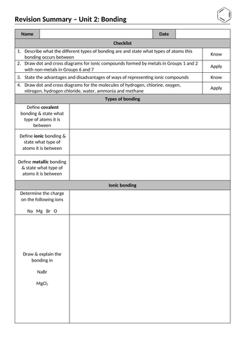 Chemistry - Unit 2: Bonding & Properties Revision Summary Worksheets ...