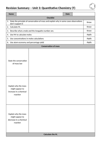 Chemistry - Unit 3: Quantitative Chemistry Revision Summary Worksheets ...