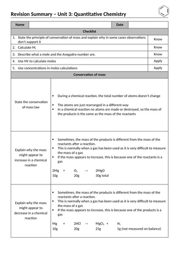 Chemistry - Unit 3: Quantitative Chemistry Revision Summary Worksheets ...