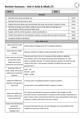 Chemistry - Unit 4: Chemical Changes Revision Summary Worksheets ...