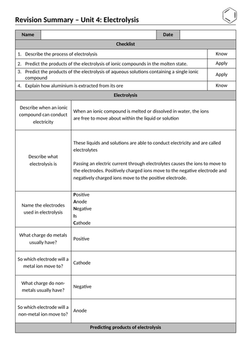 Chemistry - Unit 4: Chemical Changes Revision Summary Worksheets ...