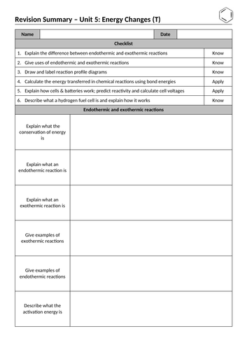 Chemistry - Unit 5: Energy Changes Revision Summary Worksheets ...