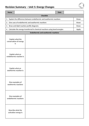 Chemistry - Unit 5: Energy Changes Revision Summary Worksheets ...