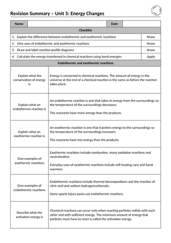 Chemistry - Unit 5: Energy Changes Revision Summary Worksheets ...