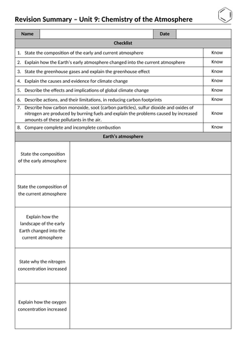 Chemistry - Unit 9: The Earth’s Atmosphere Revision Summary Worksheets ...