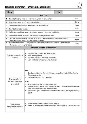 Chemistry - Unit 10: Using Resources Revision Summary Worksheets ...