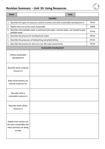 Chemistry - Unit 10: Using Resources Revision Summary Worksheets ...