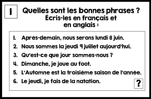 FRENCH DATES DAYS MONTHS SEASONS CHALLENGE CARDS FREEBIE | Teaching ...