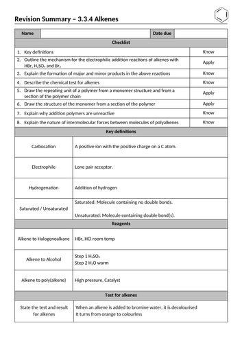A-level Chemistry: 3.3.4 – Alkenes Revision Summary Worksheets ...