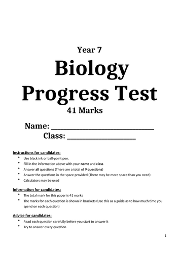 KS3 Year 7 Biology Progress Test & MS | Teaching Resources