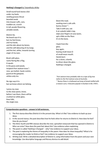 Nothing's Changed - poem with comprehension & short writing task ...