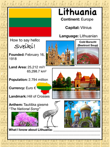LITHUANIA History & Geography, Travel The World Worksheet | Teaching ...