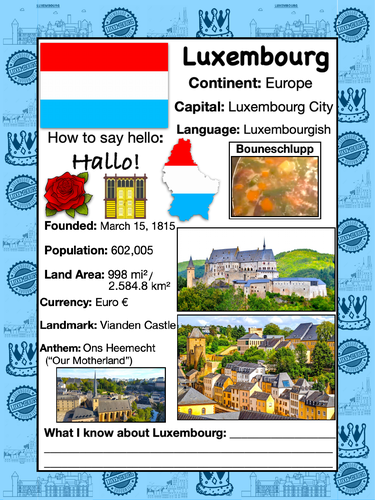 LUXEMBOURG History & Geography, Travel The World Worksheet | Teaching ...