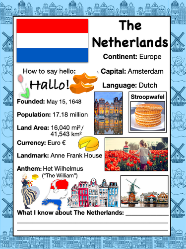 NETHERLANDS History & Geography, Travel The World Worksheet | Teaching ...