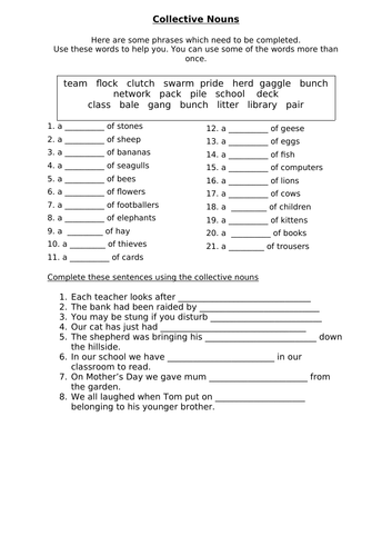 KS1/KS2 Worksheet - Collective Nouns (2 versions) | Teaching Resources
