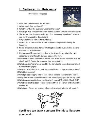 KS2 Worksheet - Reading Activity - I Believe in Unicorns (1 worksheet ...