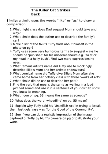 KS2 Worksheet - Reading Activity - Killer Cat Strikes Back (1 worksheet ...