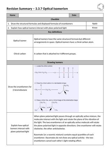 A-level Chemistry: 3.3.7 – Optical Isomerism Revision Summary ...