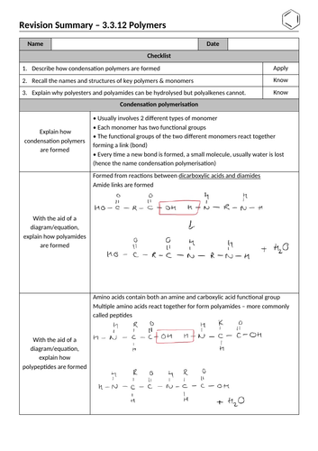 A-level Chemistry: 3.3.12 – Polymers Revision Summary Worksheets ...