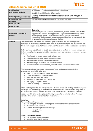 Unit 13 - Financial Planning and Forecasting Assignment Brief 1 (Level ...