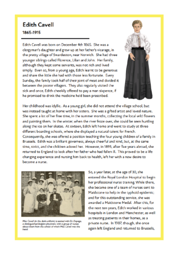 Edith Cavell Biography and Comprehension Questions (9-12 years ...
